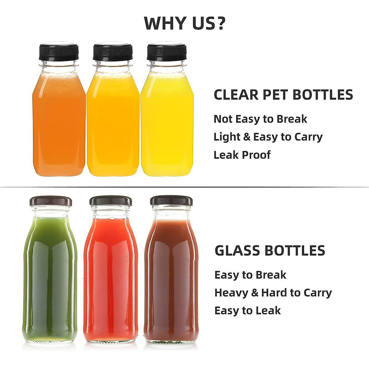 OAMCEG 36 PCS Juice Bottles with Caps, 8 oz Small Bottles for Liquids, Plastic Containers with Lids, Clear Juicing Bottles Reusable, Mini Fridge Bottles for Juicing, Smoothie, Drinking, Beverages