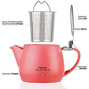 Tealyra - Pluto Porcelain Small Teapot Red - 18.2-ounce (1-2 cups) - Matte Finish - Stainless Steel Lid and Extra-Fine Infuser To Brew Loose Leaf Tea - 540ml