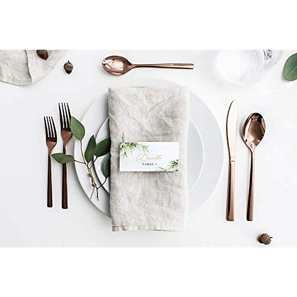 Wedding Place Cards Table, 50 Pack, 2 x 3.5 inch, Gold & Greenery Place Cards for Weddings, Premium Eucalyptus Wedding Name Place Cards for Table Setting, Easy Folding Matte Finish Placecards Wedding