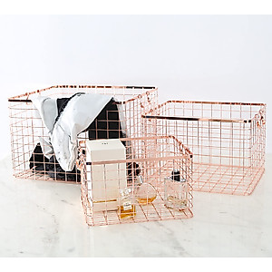 Set of 3 Nested Wire Basket Trays for Storage and Organizing (Rose Gold)