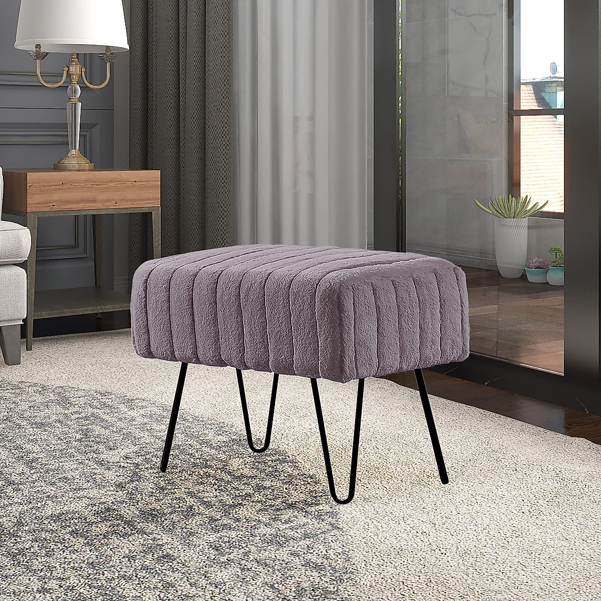 Home Soft Things Super Mink Faux Fur Gray Ottoman Bench 19" x 13" x 17", Charcoal, Living Room Foot Rest Stool Entryway Makeup Bench End of Bed Bedroom Home Decor Chair for Sitting