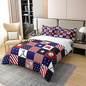 Castle Fairy Baseball Theme 100% Cotton Duvet Cover,Red Blue Geometric Stripe Check Breathable Comforter Cover,American Flag Stars Pattern Bedding Set 3 Pcs with Zipper Closure Queen Size