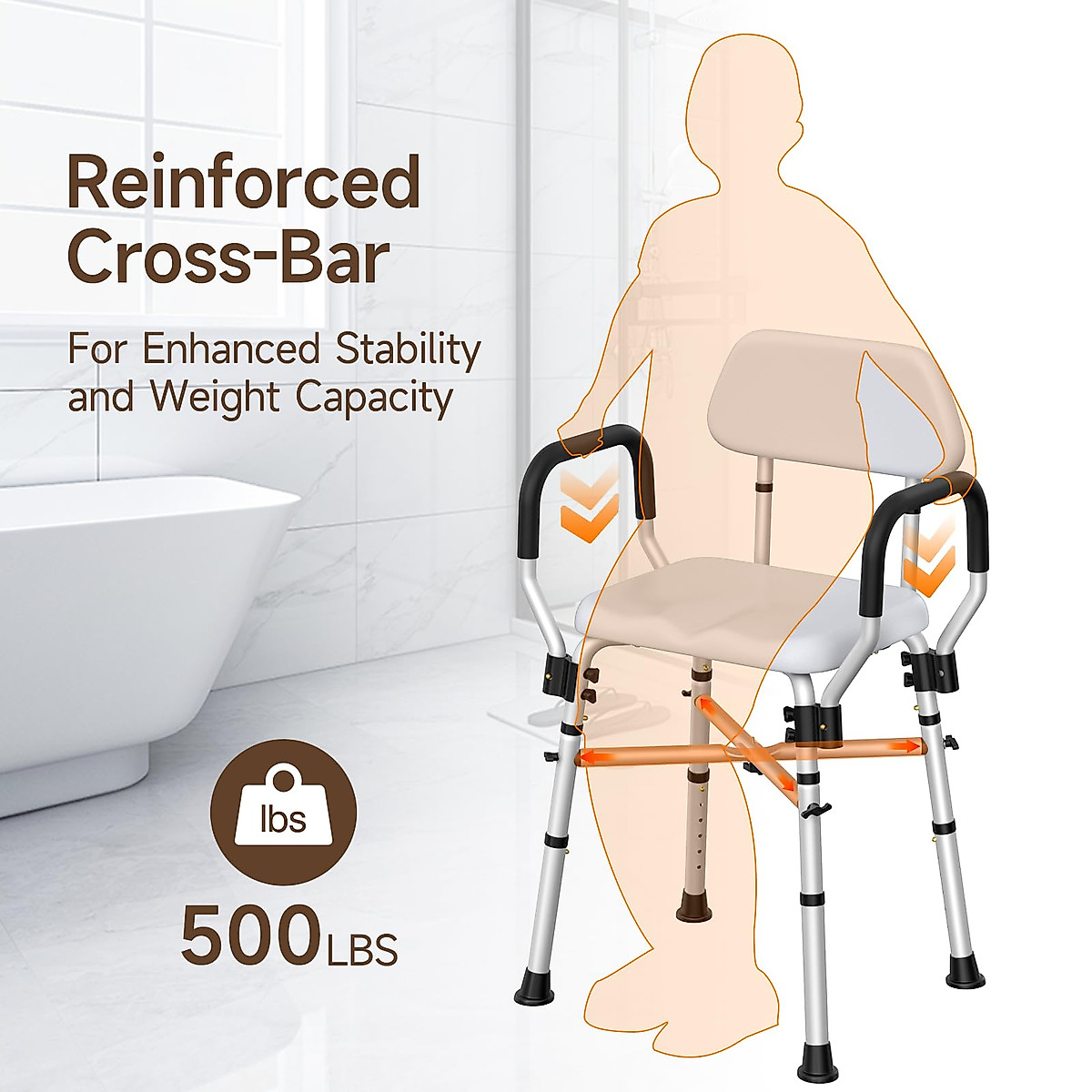 WAYES Padded Shower Chair with Arms and Back - Bariatric Shower Chair, Up to 500 Lbs, Heavy-Duty, Adjustable