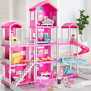 TEMI Doll Home Toy with 2 Doll Toy Figures, 4-Story 10 Rooms with Accessories and Furniture, Toddler Doll Home Kit Gift for Kids Ages 3 Toys for 3 4 5 6 Year Old Girls