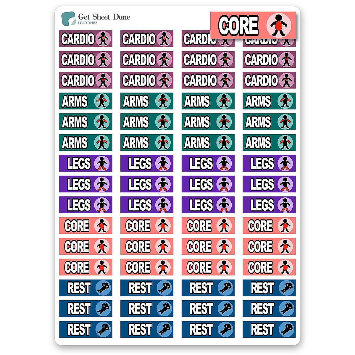 Workout  Planner Sticker / 60 Fun Vinyl Stickers (3/4”)/Cardio legs arms rest core days rotation/Health Wellness Fitness Exercise/Essential Productivity Life Planner/Bullet Journaling (One Sheet)