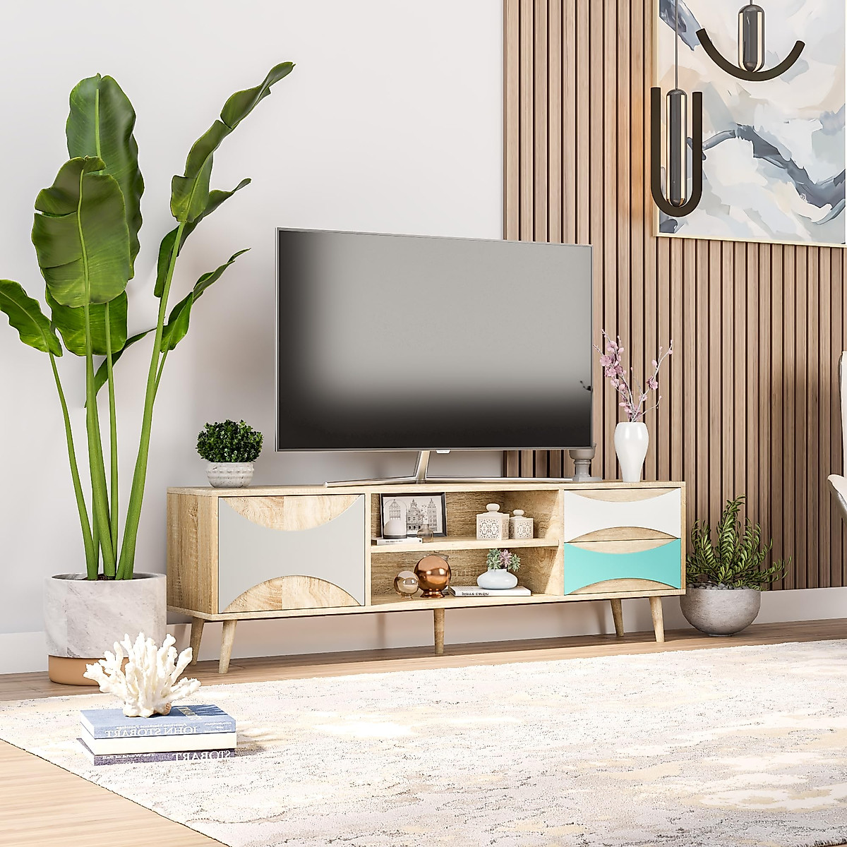 TV Stands for Living Room - 59” Brown Oak TV Stand for Bedroom - Media Entertainment Center - Media Cabinet TV Stand with Storage - Modern TV Stand for 60 Inch TV with Doors & Shelves