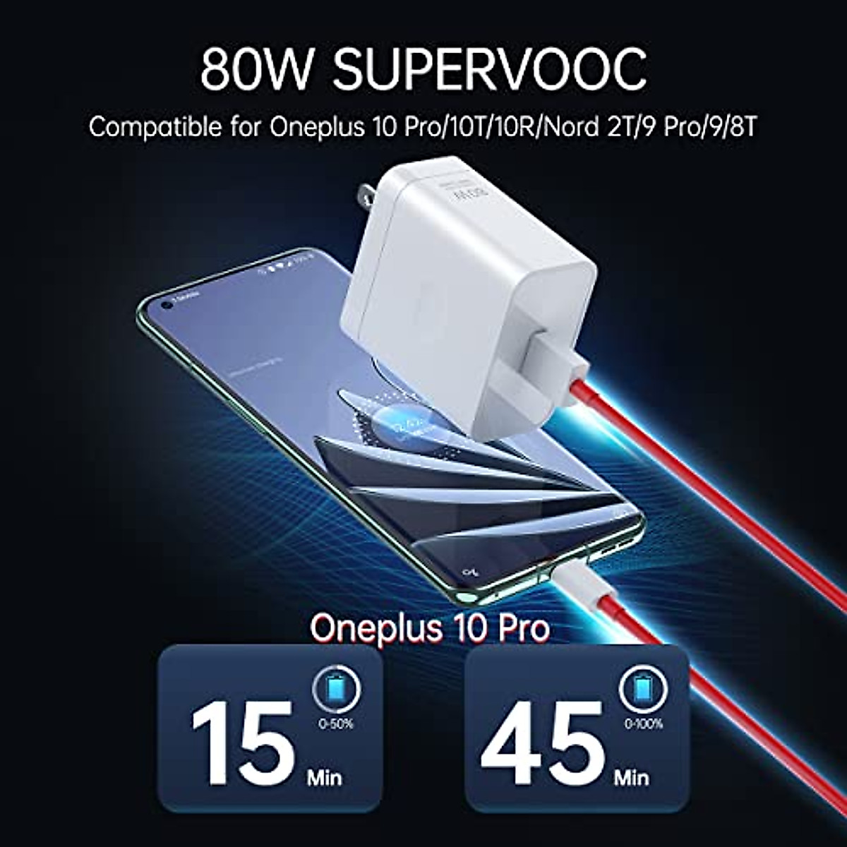 for Oneplus 11 10 Pro Charger 80W, Warp Charger SuperVooc 65W Wall Block for Oneplus 9 Pro 10T 10R 8T 8 7T 7 Pro Nord 2T CE 2 Lite N20 N10 9R Ace 6T Dash Charge One Plus Fast Charging 6.6ft Cable
