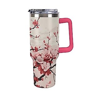 40 Oz Vacuum Tumbler with Light Rose Red Handle Leakproof Insulated Tumbler Japanese Floral Cherry Blossom Stainless Steel Travel Mug with Lid And Straw Coffee Cup Cute Water Bottles Cup Holder Friend