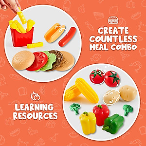 JOYIN 135Pcs Kids Play Food Set, Value Pretend Food for Play Kitchen with Fruit, Vegetable, Food Can, Dessert, Tableware, Bottles, Dramatic Plastic Food Toys for Toddler Boys Girls 3+ Years