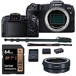 Canon EOS RP Mirrorless DSLR Camera Body, Lens Converter, Lexar 633x U3 64GB Memory Card, Monopod and Spare Battery (Renewed)