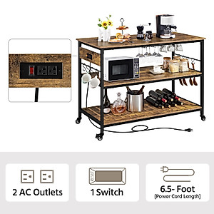 Yaheetech Kitchen Island with Power Outlet, Rolling Kitchen Cart with Wine Rack & Glass Holder & Hooks, Coffee Bar Microwave Stand Wine Rack Table for Dining Room, 47.5" W x 24" D, Rustic Brown