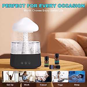 Cloud Rain Humidifier for Bedroom Water Drip Diffuser, Mushroom Diffuser, 450ml Cloud Humidifier Rain Drop,Cloud Diffuser with 7 Colors, Rain Sounds for Sleeping (08 Black)