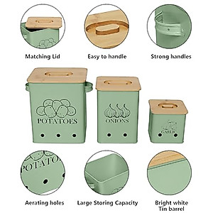 Xbopetda Potato Onion Garlic storage, Canister Sets for Kitchen Counter, Storage Set for Potato Onion Garlic, Kitchen Storage Bin Jars Pots with Aerating Tin Storage Holes & Wooden Lid - Green