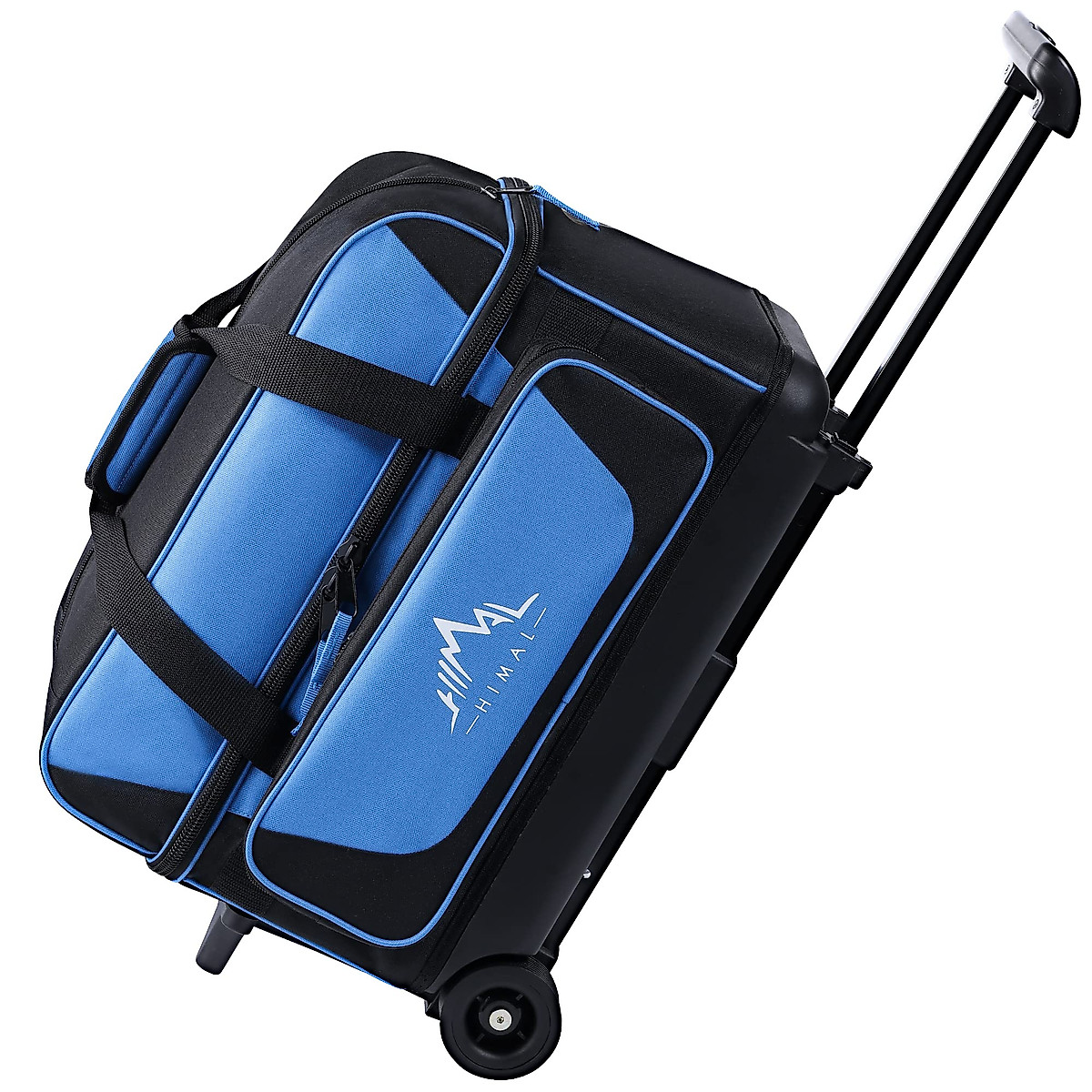 GoHimal Double Roller 2 Ball Bowling Bag with Separate Shoe Compartment for Bowling Shoes (Up To US Mens Size 15) and Oversized Accessory Pocket, Retractable Handle - Extends to 40" (Black-Blue)