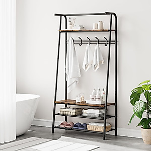 Coat Rack Shoe Bench with 5 Hooks, Entryway Hall Trees with Storage, Multifunctional Hallway Organizer, Wood Look Accent Furniture with Metal Frame, 4-in-1 Hall Trees Shoe Bench (5 Hooks-31.5 In)