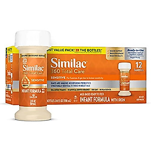 Similac 360 Total Care Sensitive Infant Formula, with 5 HMO Prebiotics, for Fussiness & Gas Due to Lactose Sensitivity, Non-GMO, Baby Formula, Ready-to-Feed, 2-fl-oz (Case of 12)