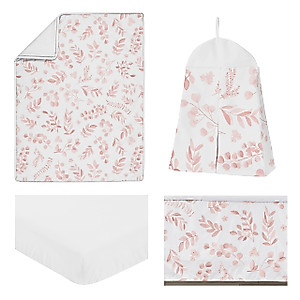 Sweet Jojo Designs Blush Pink and White Floral Leaf Baby Girl Nursery Crib Bedding Set Boho Chic Bohemian Watercolor Botanical Flower Woodland Tropical Garden Leaves Pastel Light Pink Nature Bloom 4pc