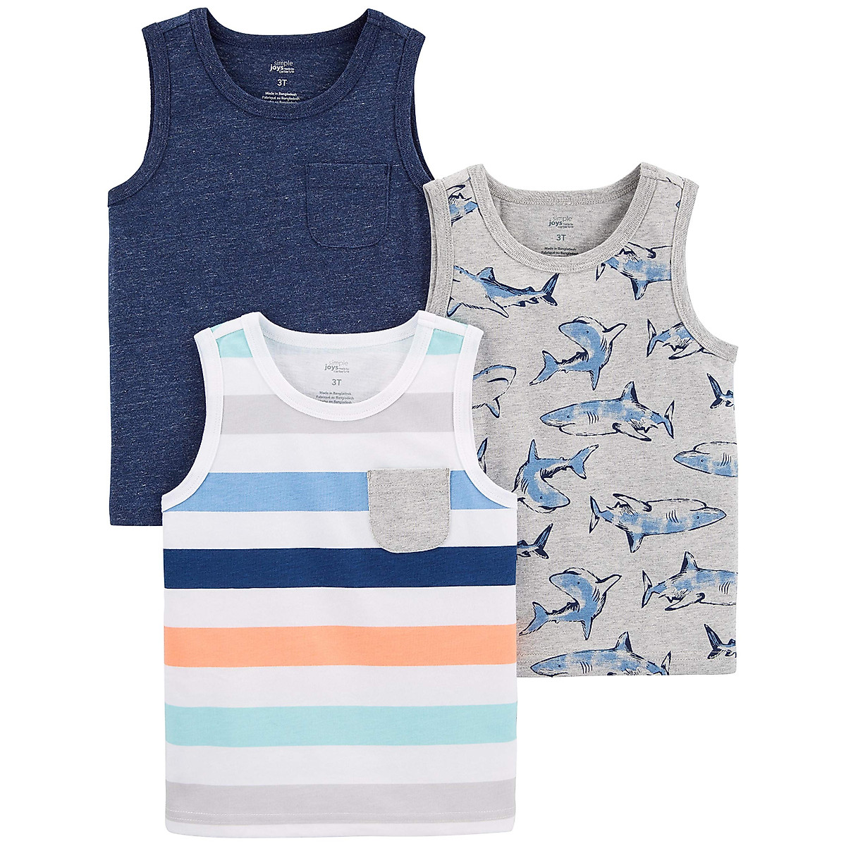 Simple Joys by Carter's Baby Boys' 3-Pack Muscle Tank Tops, Grey Shark/Navy Space Dye/White Stripe, 2T