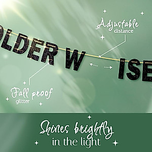 Pre-Strung Older Wiser Hotter Birthday Decorations - Creative Shining Black Happy Birthday Banner - No DIY Party Decorations For Men And Women - Funny Happy Birthday Sign - Thick Cardstock - 9.8 Ft