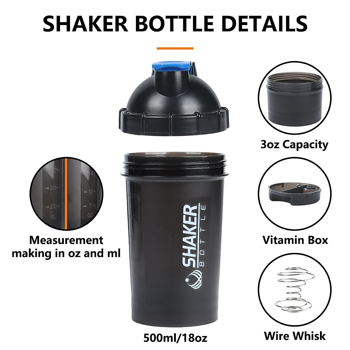 VIGIND Protein Shaker Bottle,18oz Shaker Bottles For Protein Mixes,Sports Water Bottle,Supplement Mixer Bottle,Leak Proof,Non Slip,With a 5oz Storage Cups And a Pill Tray (Blue)