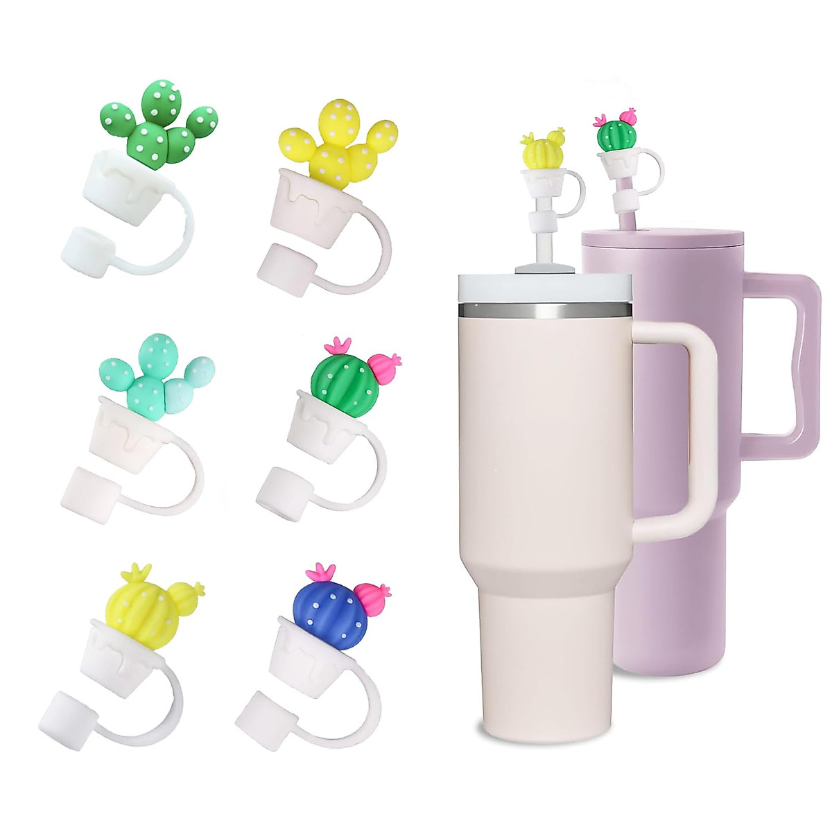 6-Pack Cactus Silicone Straw Cover Cap for Stanley Compatible with 30 & 40 Oz Tumblers with Handles Drinking Straw Toppers Reusable Straw Tips Lids Fits 0.4 In/10 Mm Straws Cups Accessories