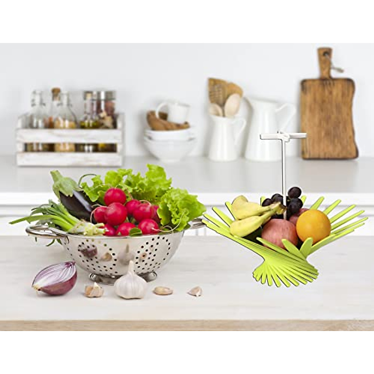 Fruit Basket for Kitchen Counter, Creative Foldable Rotation Fruit Bowl with 4 in 1 Multifunctional Melon Baller Scoop Set, Modern Countertop Fruit Holder for Kitchen Dinning Table Storage Decor