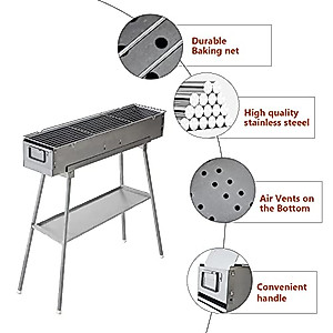 Portable Charcoal Grill - Stainless Steel BBQ Grill with Foldable Stand Adjustable Air Vents, Lamb Skewer Camping Barbecue Grill, Ideal for Outdoor BBQ, Picnic, Camping Backyard Party (31.6x7.1inch)