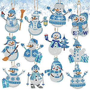 12Pcs Snowman Diamond Painting Keychains Snow Diamond Art Pendants Double Sided Full Drill Diamond Key Rings 5D Diamond Painting Kits for Winter Christmas Hanging Ornaments for DIY Crafts Home Decor