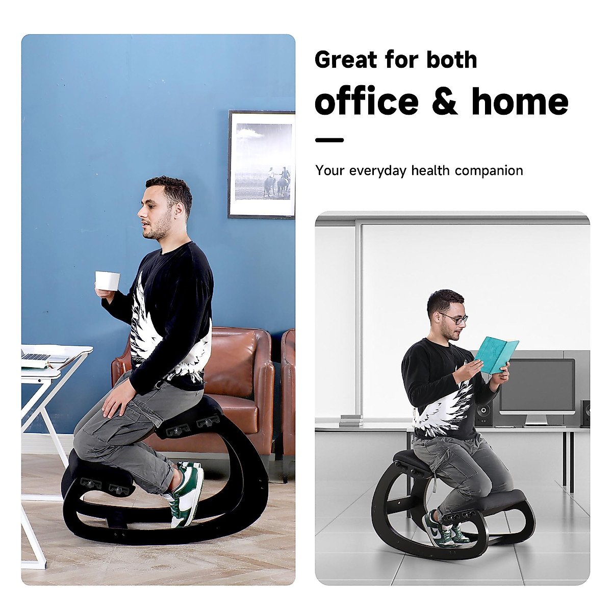 MallVitally Adjustable Kneeling Chair, Wooden Ergonomic Rocking Chair - Improve Your Posture with an Angled Seat for Home,Office(Black)