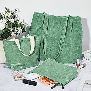 Sweetude 3 Pcs Corduroy Tote Bag for Women Girl Makeup Bag Aesthetic Tote Bag Corduroy Bag Cute Cosmetic Bag for Shopping (Grass Green)