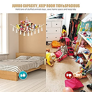 Stuffed Animal Hammock Macrame Boho Plush Toy Net Hammock For Stuffed Animals With Light Pet Net For Stuffed Animals Corner Hanging Stuffed Animal Storage Holder Teddy Bear Net For Kids Room (White)