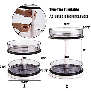 Yesland 2-Tier Lazy Susan Turntable with Large Bin and 3 Dividers, 11'' Height Adjustable Cabinet and Spice Rack Organize for Kitchen Pantry Snack Fruit Makeup(Black)
