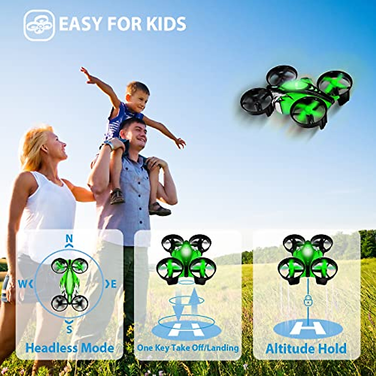 UNTEI 2 In 1 Mini Drone for Kids Remote Control Drone with Land Mode or Fly Mode, LED Lights,Auto Hovering, 3D Flip,Headless Mode and 3 Batteries,Toys Gifts for Boys Girls (Green)