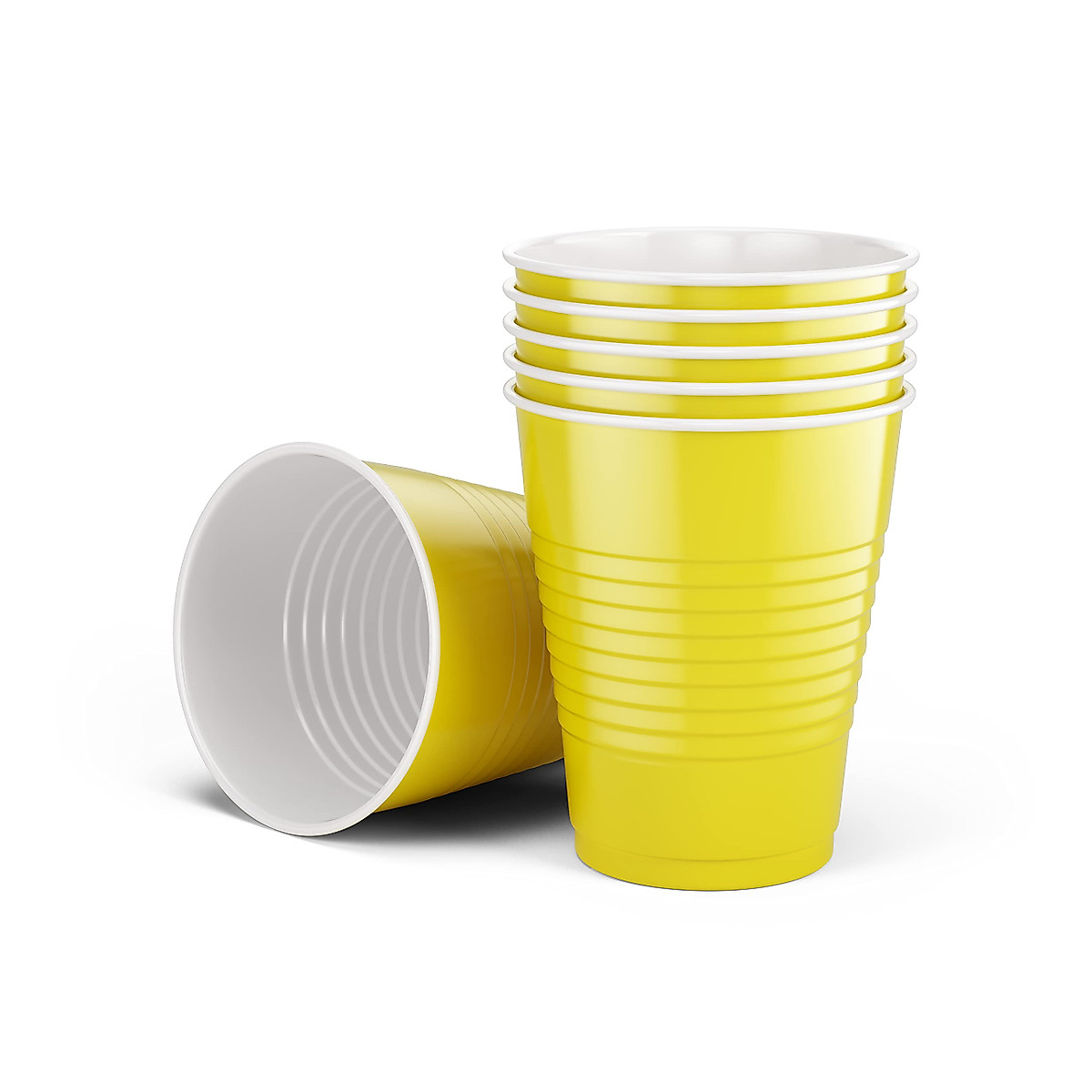 DecorRack 80 Party Cups, 16 oz -BPA Free- Plastic Soda Cups, Perfect for Birthday, Picnic, Indoor and Outdoor Event, Stackable, Reusable, Disposable Cup, Yellow (Pack of 80)