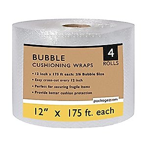 4 Rolls bubble cushioning wrap 12 inch x 175 feet perforated every 12” ideal for shipping, packing, & moving