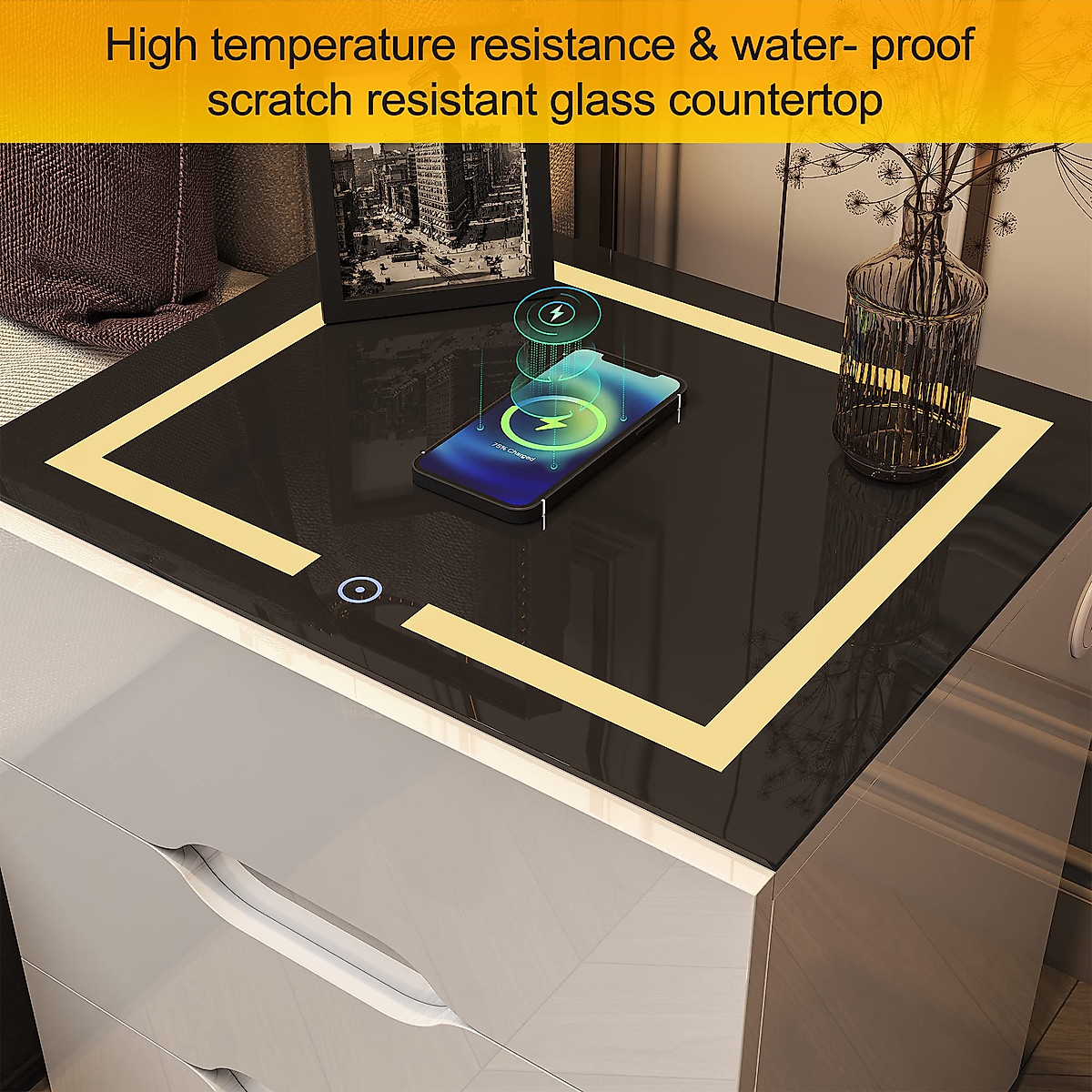 Jehiatek White Nightstand Set of 2, Night Stand Set 2 with Wireless Charging Station, High Gloss End Table with Adjustable LED Lights & USB Charging, Bedside Table Set of 2 with 3 Drawers (White)