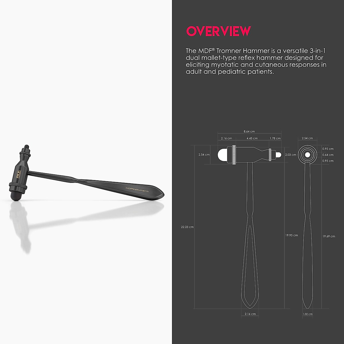 MDF Instruments, Tromner Neurological Reflex Hammer with Pointed Tip Handle for Cutaneous and Superficial Responses - Free-Parts-for-Life (MDF555) (All Black (Blackout))