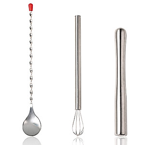 Muddler for Cocktails 3 Piece, 9" Stainless Steel Cocktail Muddler 11" Mixing Spoon and 10" Bar Whisk, Home Bar Tools Bartender Set for Cocktail, Drink, Mojito, Old Fashioned, Margaritas, Fruit Juice