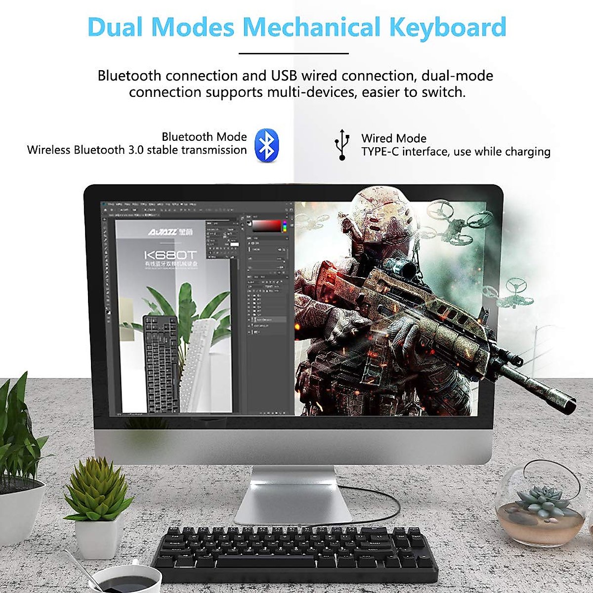 NACODEX K680T 60% Wireless/Wired Mechanical Keyboard - Compact 68 Keys 1000mAh Rechargeable Gaming/Office Keyboard Multi-Device for iOS Android Windows and Mac (Blue Switch White Backlit Black)