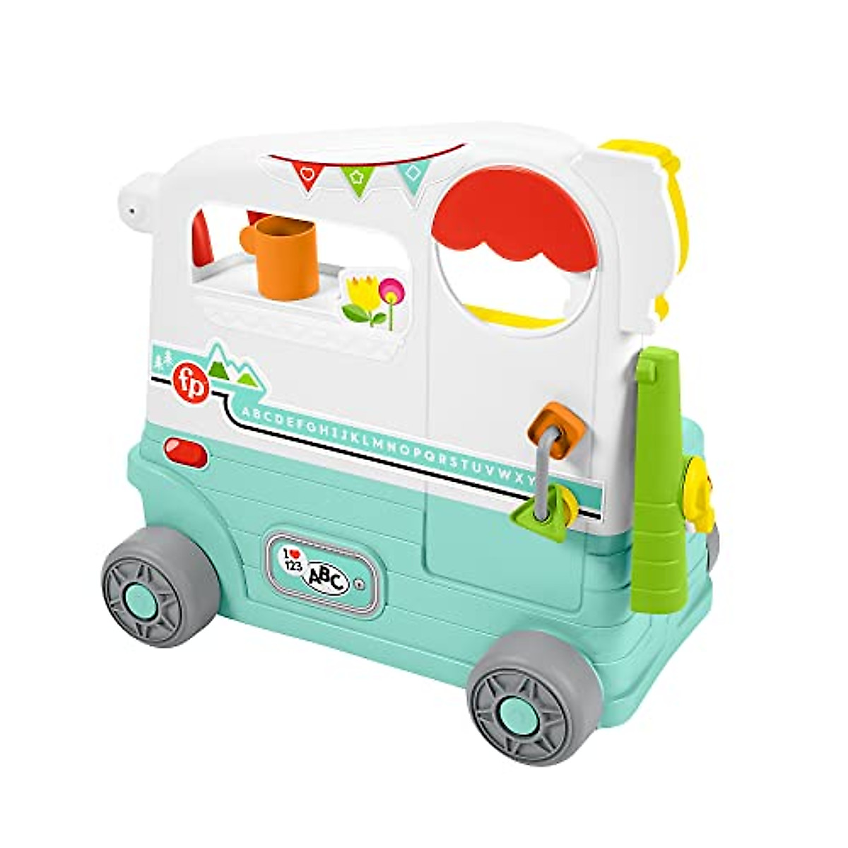 Fisher-Price HCK56​​ Laugh & Learn 3-in-1 On-The-Go Camper - UK English Edition, Musical Push-Along Walker and Activity Center for Infants and Toddlers, Multicolor, 52.8 cm*34.5 cm*50.4 cm
