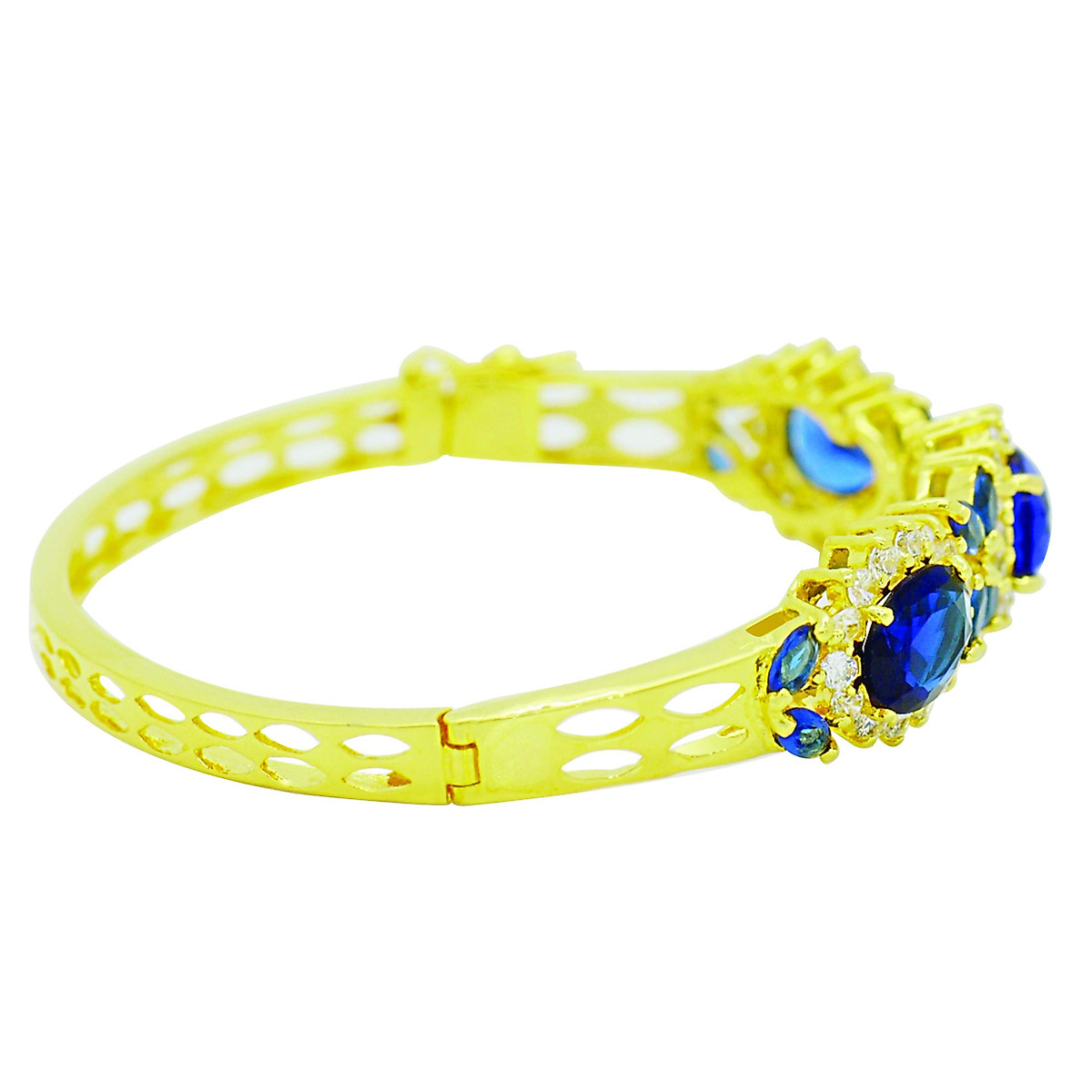 22k 24k Yellow Gold Plated Women Rare Thai Flower Cubic Zirconia Cz AAA Syn Blue Sapphire Bracelets Cuff Bangle 5 Mm 5.5 Cm