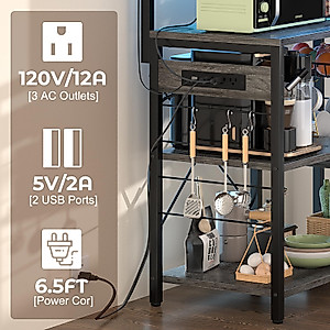 Aheaplus Bakers Rack with Power Outlet and LED Light Strings, Microwave Oven Stand Kitchen Storage Shelf with Wire Basket, Coffee Bar Station Island Table with 10 Hooks for Spices, Pots, Black Oak