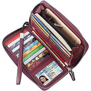 Lavemi Women's RFID Blocking 100% Leather Large Capacity Zip Around Wallet Phone Holder Clutch Travel Purse Wristlet(Large Size Pebbled Dark Magenta)