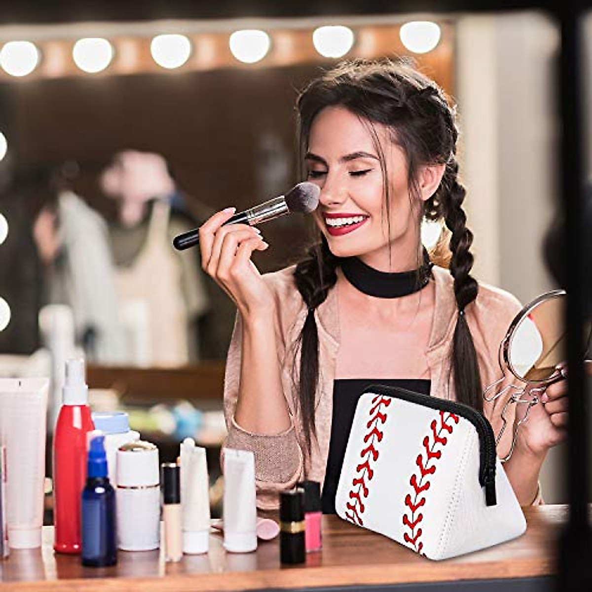 Boao 2 Pieces Softball Bag Softball Print Makeup Bag Baseball Travel Cosmetic Waterproof Pouch with Zipper(10.24 x 5.12 x 3.7 Inch,White)