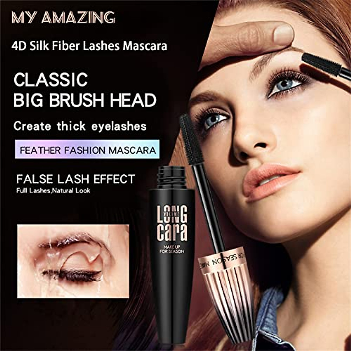 My Amazing Lashes Mascara Black Volume and Length Waterproof Smudge Proof 4D Silk Fiber Lash Mascara Natural Long Lasting Silk Fibre Mascara Longer Volumizing and Lengthening Mascara for Women (2 Pcs)