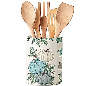 Thanksging Fall Utensil Holder Ceramic, Blue Utensil Holder for Kitchen Counter Countertop, Cooking Utensil Crock with Non-slip Mat, Pumpkins Farmhouse Kitchen Decor, Spatula Utensil Storage Organizer