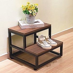 Step Stool for Adults and Kids, Wood and Metal Stepping Stool, 2 Steps with Corner Protectors, Bed Steps for High Bed, Elders and Toddler Stool for Bedroom, Bathroom, Kitchen (Brown)