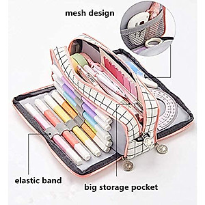 Wangyiqian Pencil Pen Case Multi Compartments Pen Bag Pouch Holder Large Capacity Square Grid Cosmetic Bags Organizer Girls Boys Adults Teen Double Window