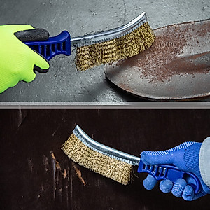 SALI Wire Brushes for Cleaning Rust Removal Heavy Duty Steel Brush Tool 11" Long Handle with Plastic Handle,for Automotive,Grill,Paint , Welding Slag&Household，More and Thicker Bristles Pack of 2