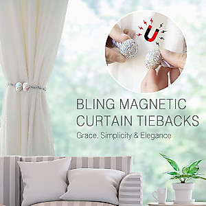 Bling Magnetic Curtain Tiebacks, Decorative Curtain Holdbacks, Crystal Tie Backs for Curtains, Curtain Holders for Window Draperies - 16 inch, Grace, Simplicity & Elegance (Silver, 2)